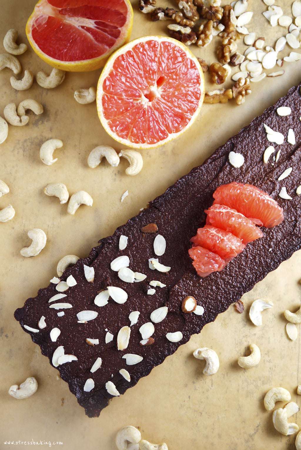 No-Bake Raw Chocolate Grapefruit Tart with Nut Crust | Stress Baking